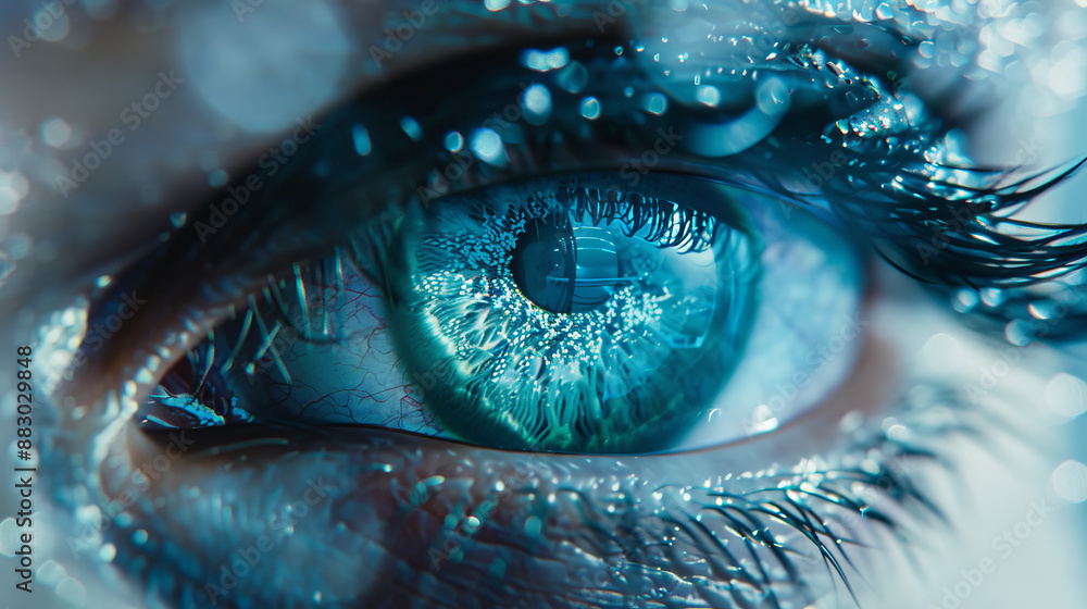 Close-up of the eye with an icy blue tinge of the iris, each thin ring ...