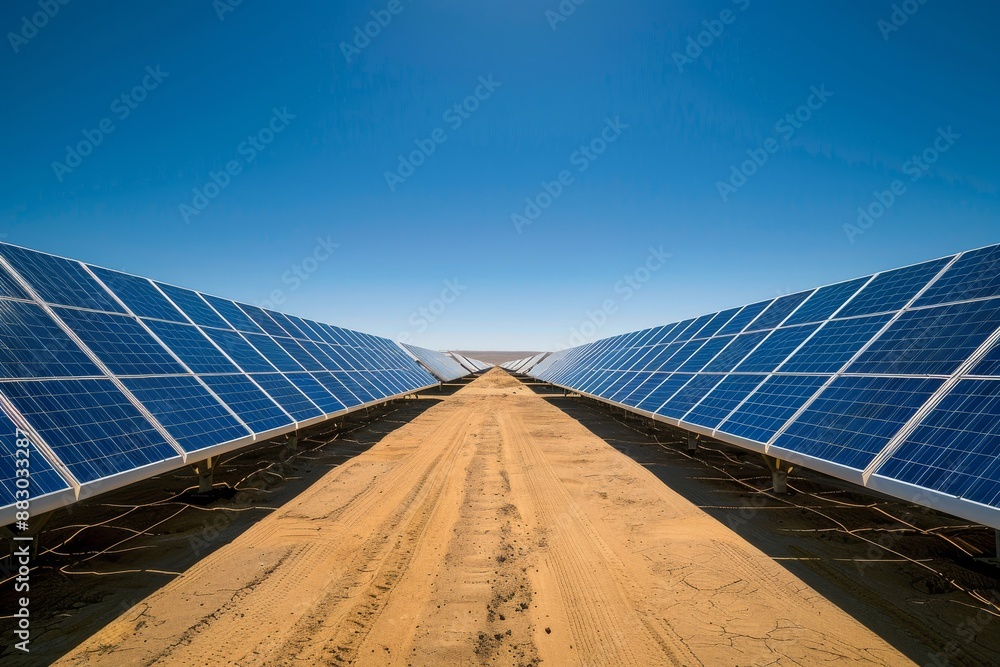 Rows of solar panels extend towards the horizon in a vast desert ...