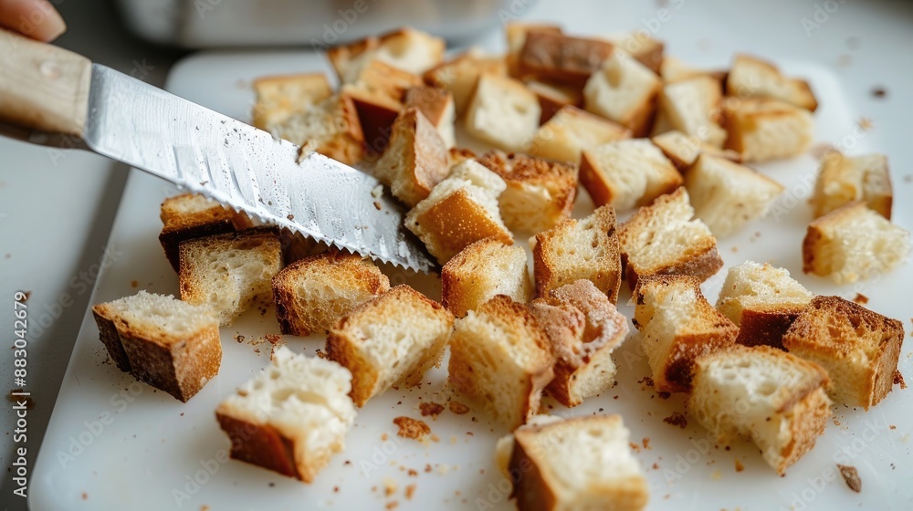 Cutting stale bread with a bread knife on a white cutting board to make ...