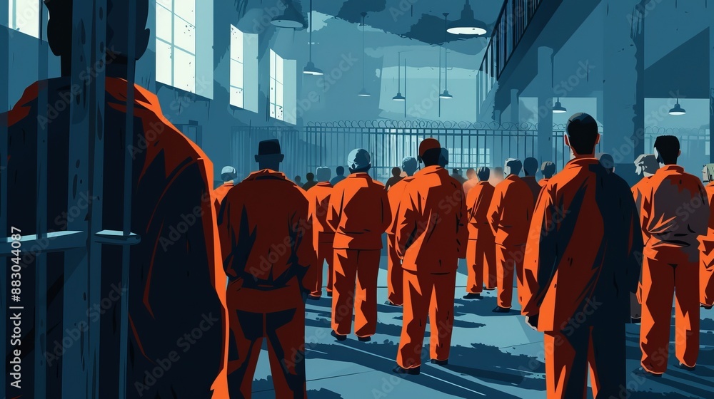 A scene inside a prison showing a group of inmates in orange uniforms ...