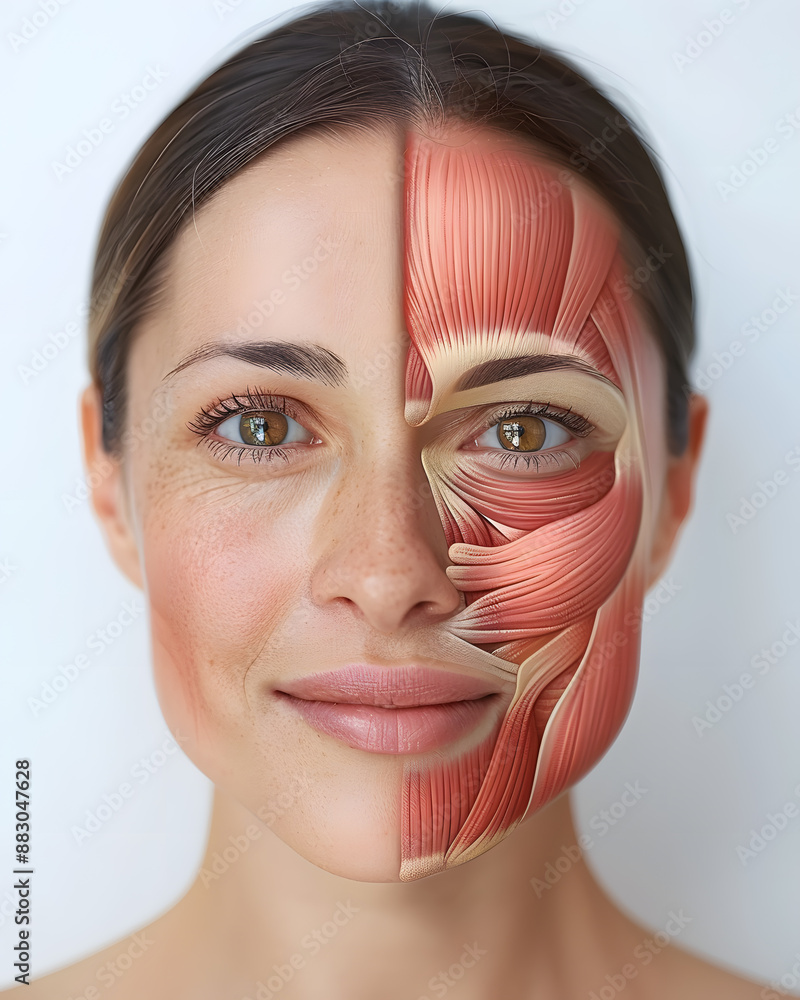 Frontal view of a young woman smiling, half of his face showing ...