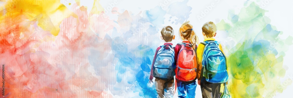 Back to school. Horizontal banner. Children with backpacks go to school ...