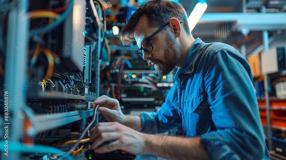Person plugging Ethernet cables into a server rack, ensuring seamless ...