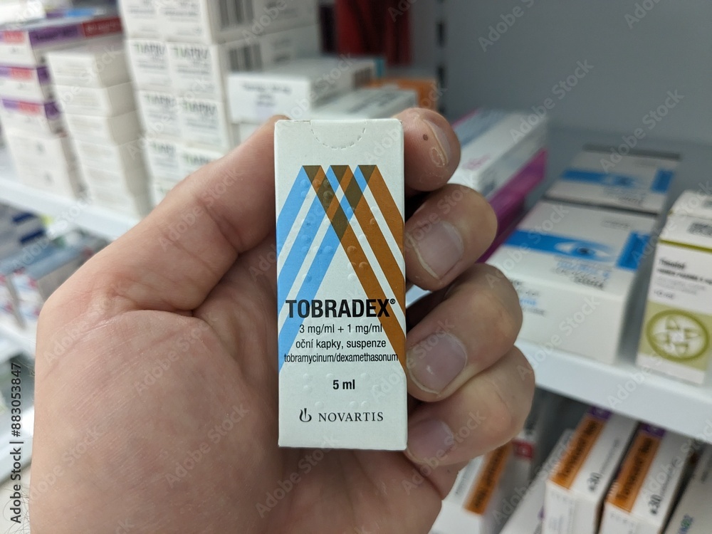 Prague, Czech Republic - July 10 2024: TOBRADEX box of eye drops with ...