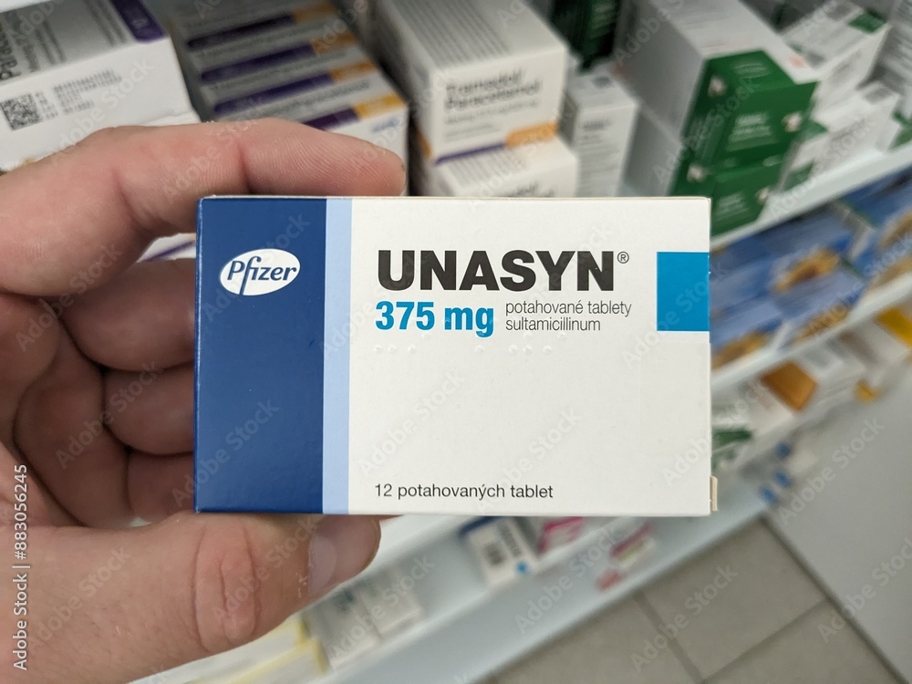 Prague, Czech Republic - July 9 2024: UNASYN box of medication with ...