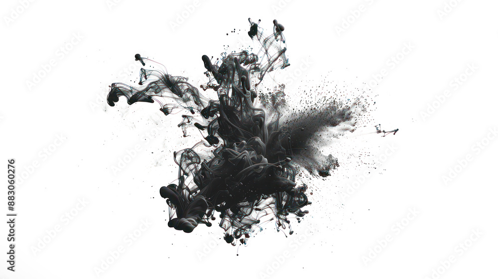 Black ink explodes in a white background, creating a dynamic and ...