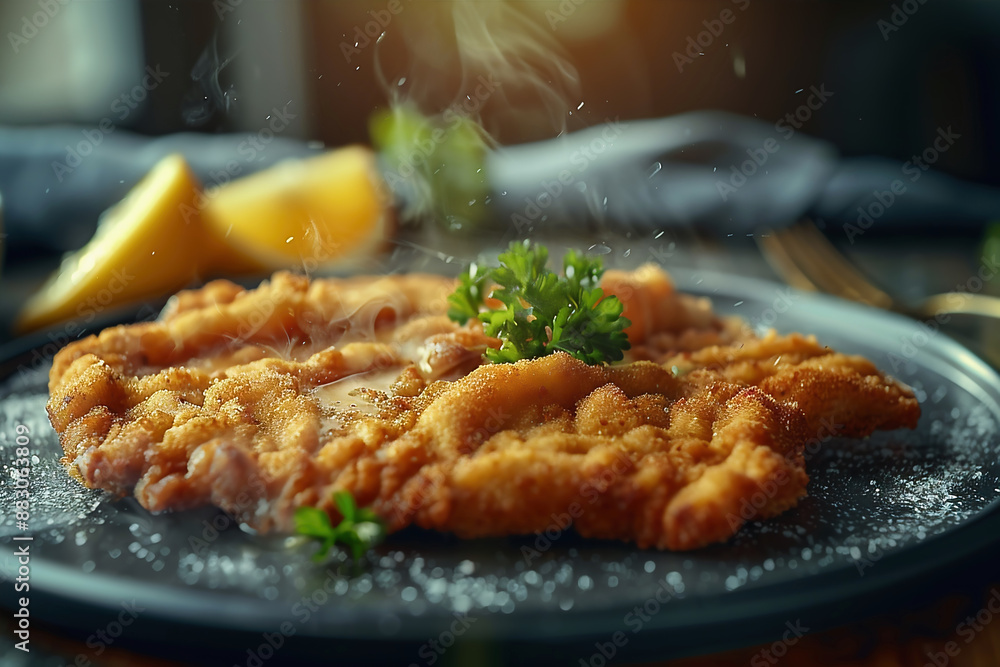 Austrian Wiener schnitzel, thin, breaded veal cutlet that is pan-fried ...