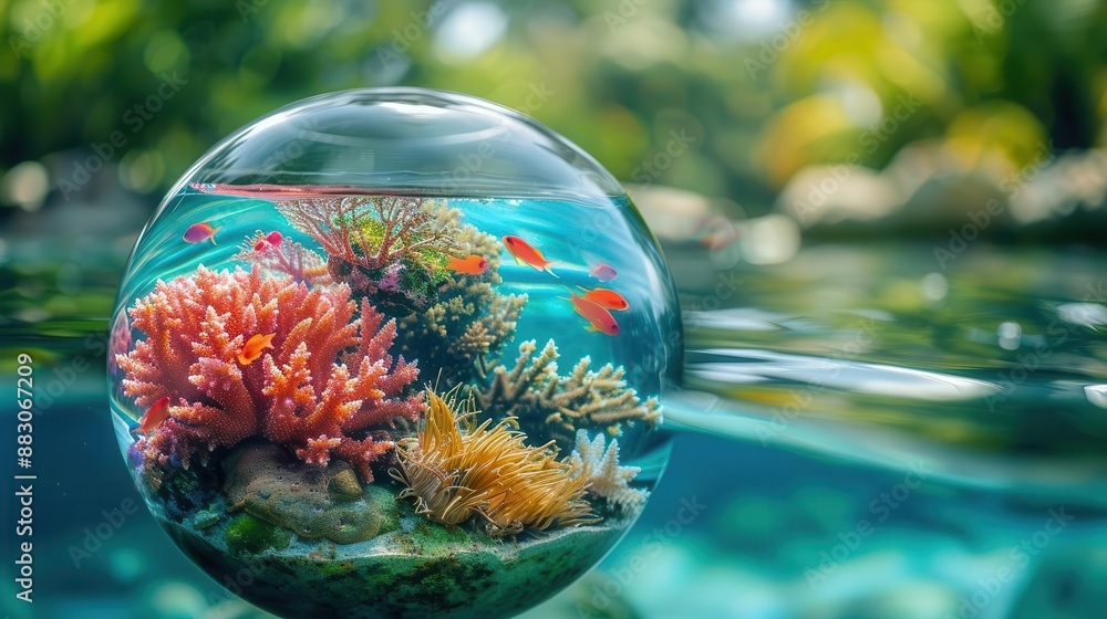 Water molecule with a coral reef ecosystem inside, illustrating the ...