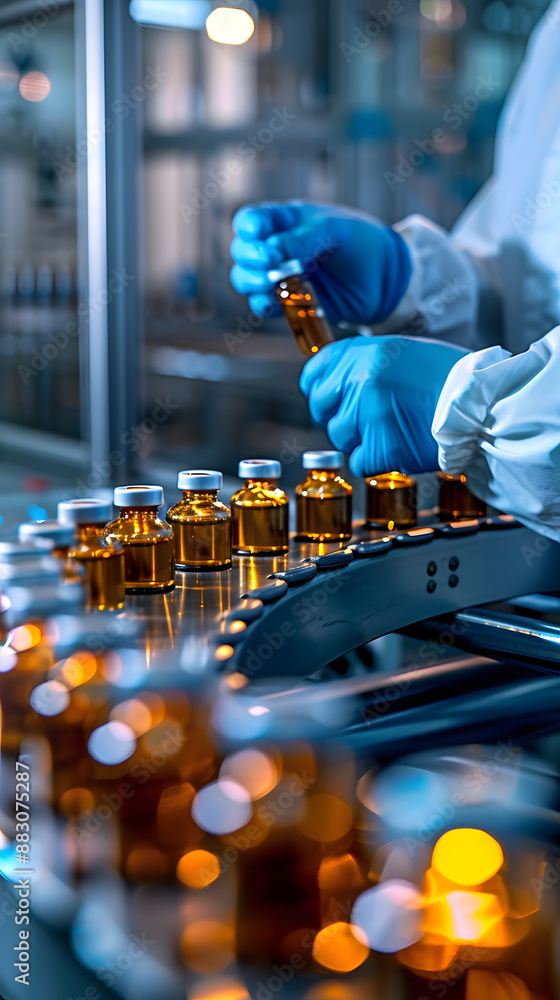 Pharmacist scientist with sanitary gloves examining medical vials on ...