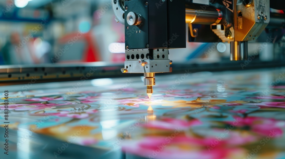 Industrial Printing Machine Cutting a Fabric with a Laser Beam - Close ...
