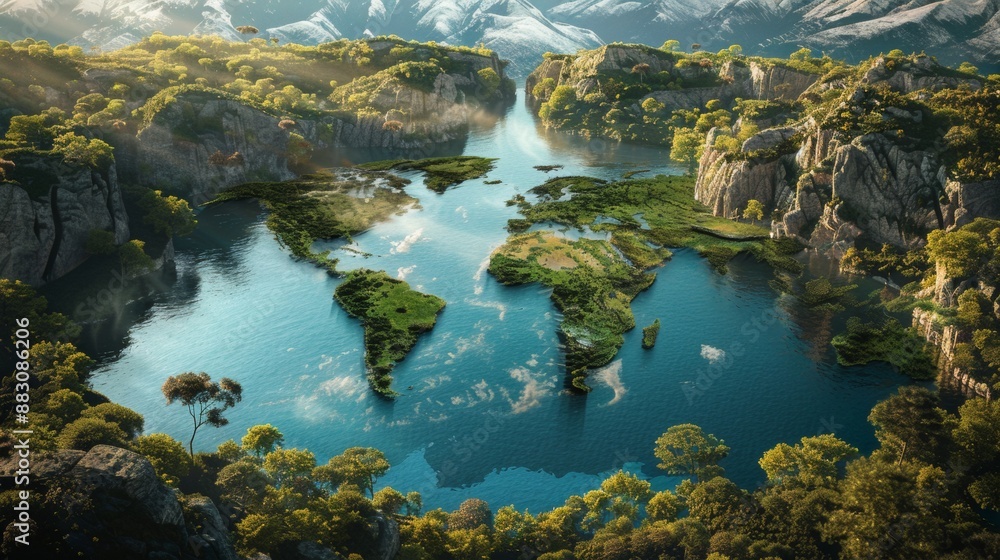 A lake shaped like the world's continents, in the middle of a beautiful ...