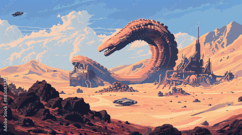 A futuristic desert with giant sandworms and hovercrafts , pixel art ...