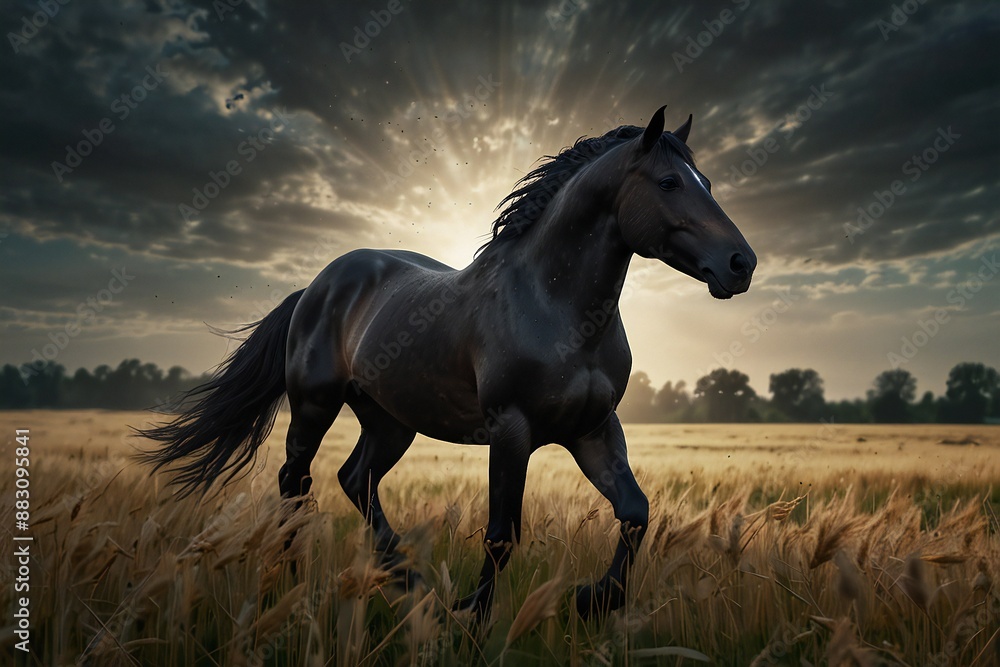 black horse galloping running. black horse running through the fog on ...