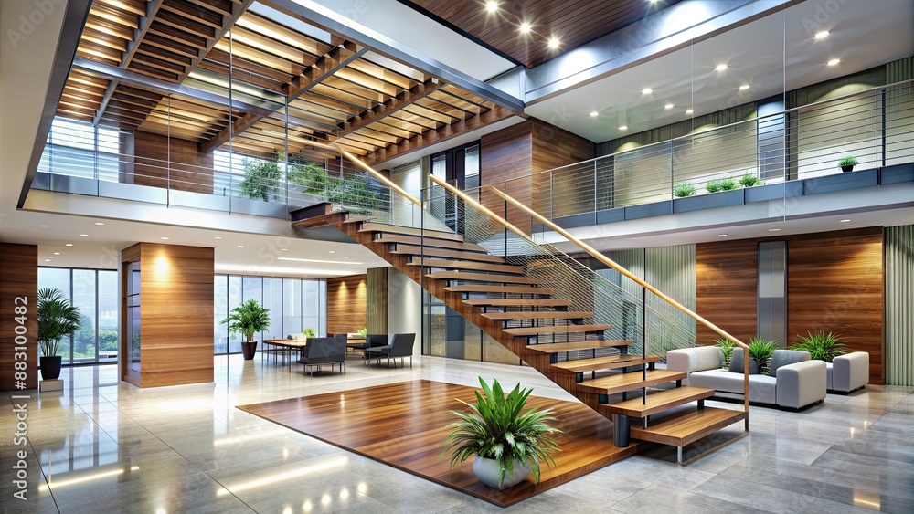 Architectural firm lobby with floating staircase and design displays ...