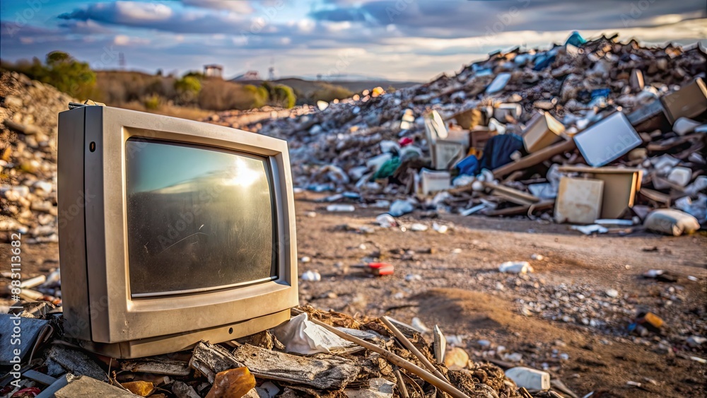Broken television discarded in a trash dump, electronic waste, garbage ...