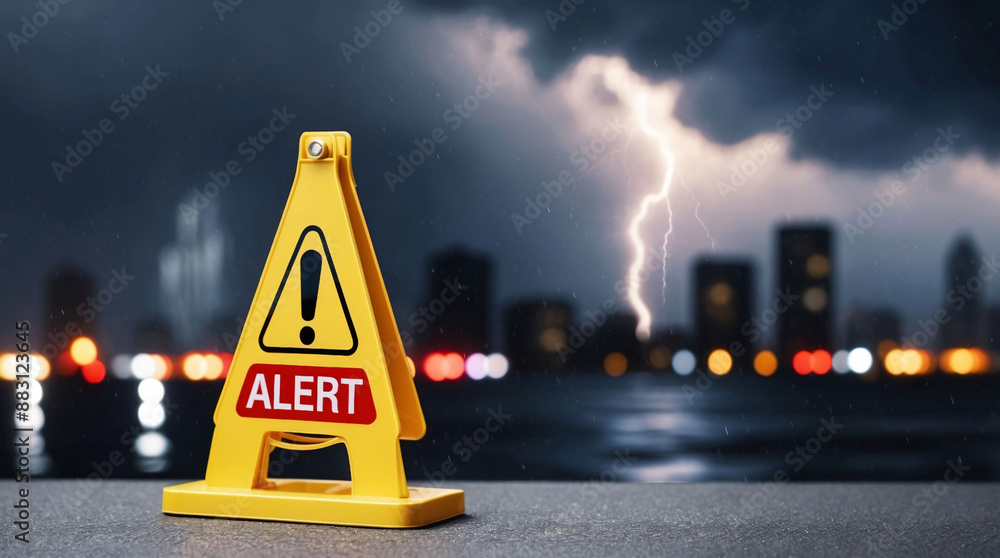 Weather alert. Yellow warning sign with exclamation sign pointing to ...