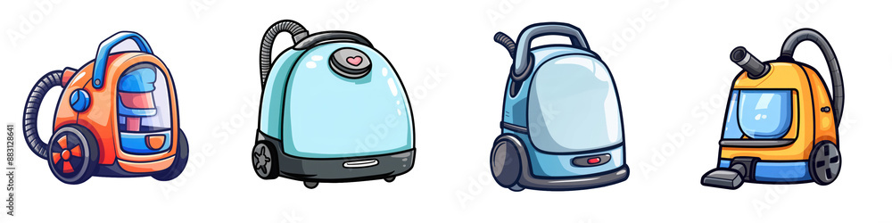 Colorful cartoon vector illustration of four different vacuum cleaners ...