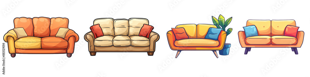 Colorful hand-drawn couches in a row on transparent background ...