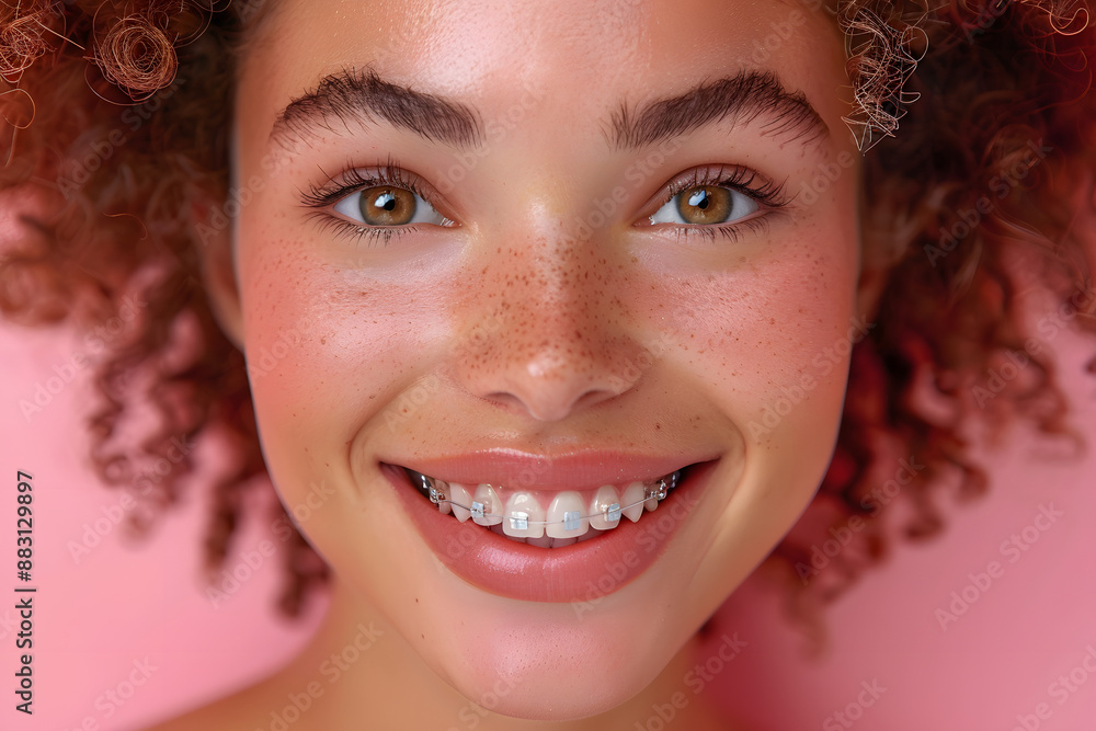 Beautiful smile of a girl with braces on her teeth, straight teeth ...