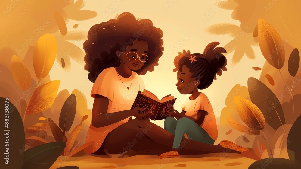 Mother and Daughter Reading a Storybook Together, Digital Illustration ...