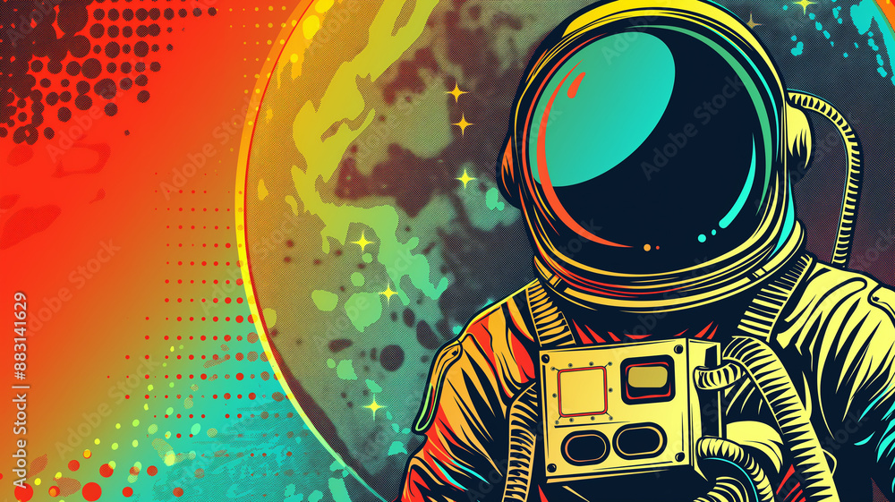 Pop art astronaut and space concept. Colorful background in pop art ...