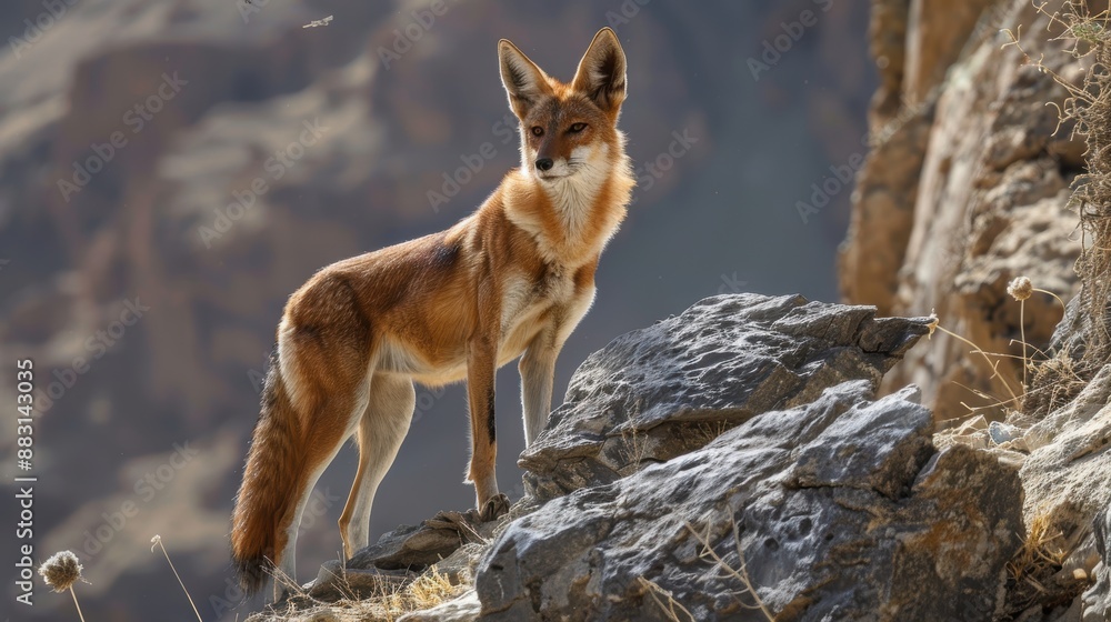 Majestic Ethiopian Wolf Perched on Rocky Outcrop in the Wild Stock ...