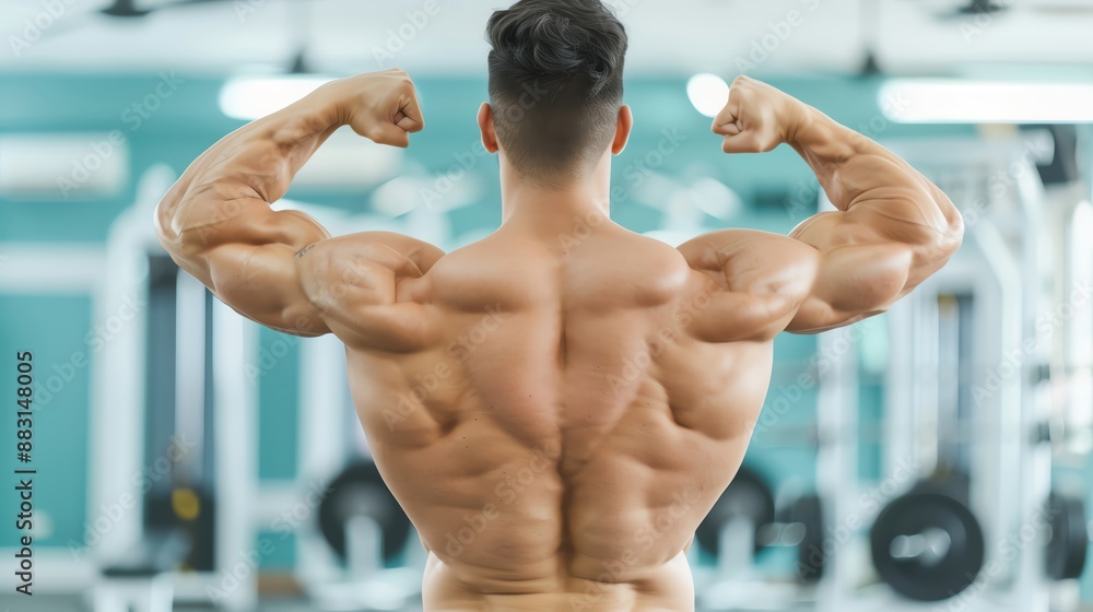 Behind perspective of a bodybuilder flexing muscles, strength routine ...