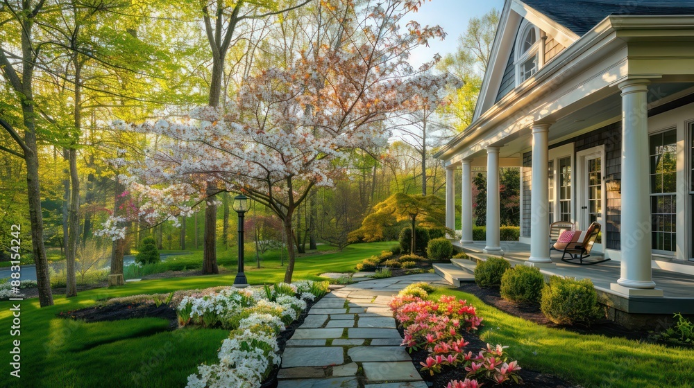 Suburban Colonial home at the peak of spring, with dogwood trees in ...