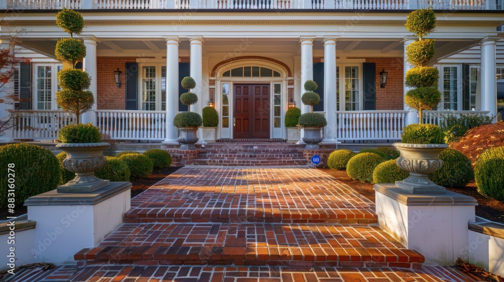 Suburban Colonial home with a classic red brick walkway leading up to a ...