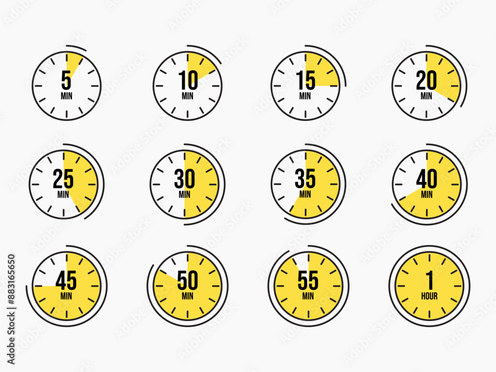 Timer, clock, stopwatch isolated set icons. Countdown timer symbol icon set. Label cooking time ...