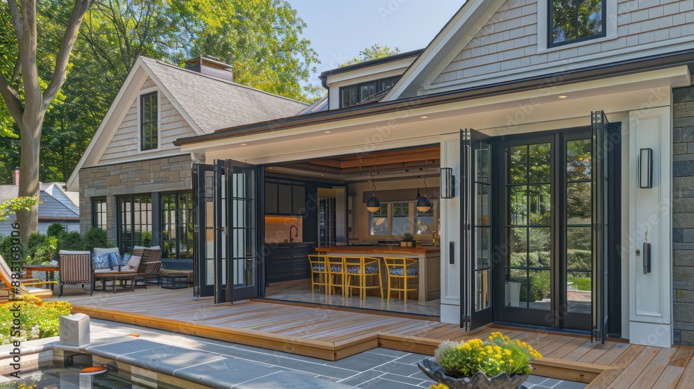 Suburban Colonial home with a modern update, featuring bi-folding doors ...
