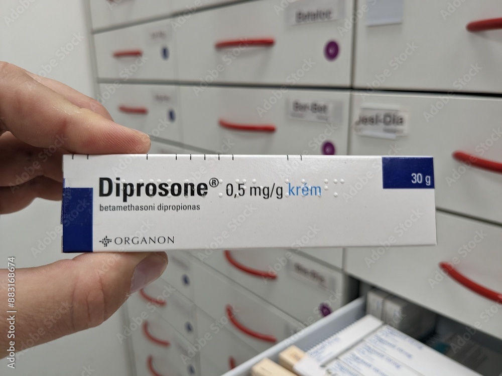 Prague, Czech Republic - July 10 2024: DIPROSONE box of medication with ...