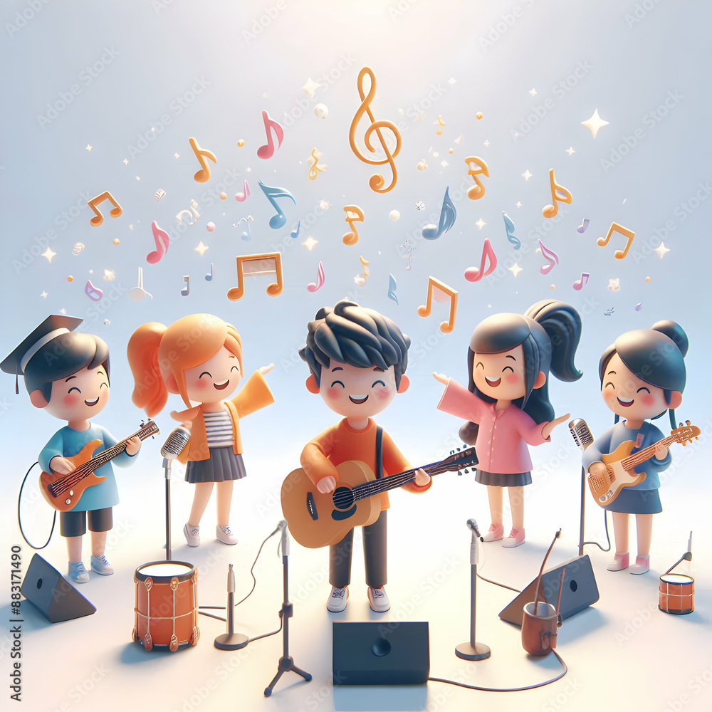 3D Flat Icon of Kids Playing Musical Instruments with Magical Notes ...