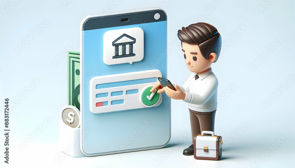 3D Flat Icon: Man Checking Recent Transactions on Mobile Banking App ...