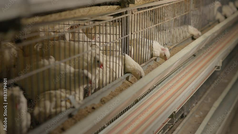 Quail birds pecking barley grain seeds scattered outside the enclosures ...