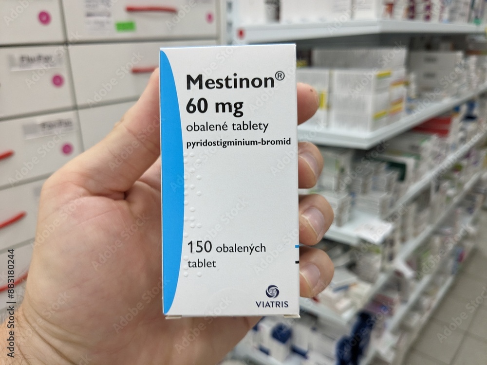 Prague, Czech Republic - July 10 2024: MESTINON box of medication with PYRIDOSTIGMINE active ...
