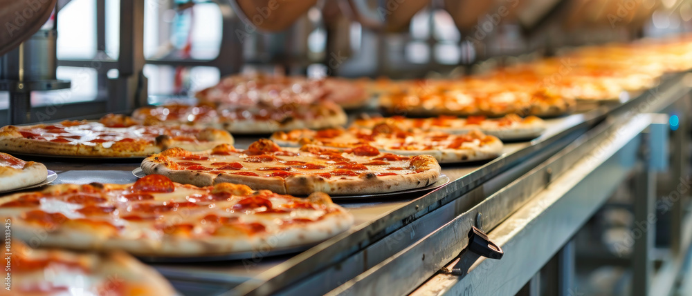 Assembly line of freshly baked pepperoni pizzas, highlighting the ...