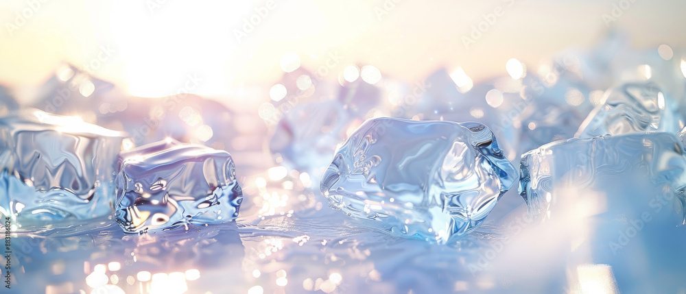 Melting ice cubes glisten under soft, warm sunlight, capturing the ...
