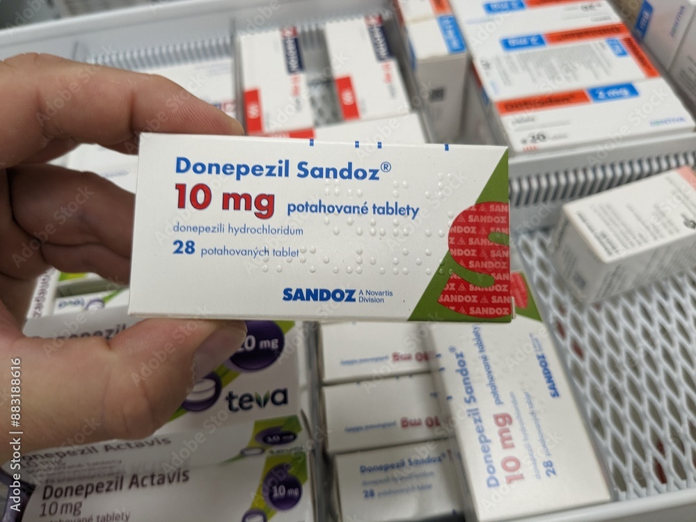 Prague, Czech Republic - July 10 2024: DONEPEZIL SANDOZ box of ...