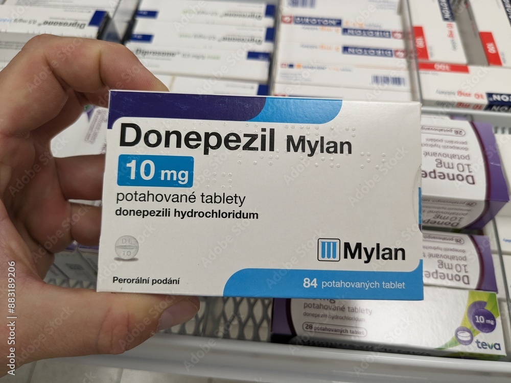 Prague, Czech Republic - July 10 2024: DONEPEZIL MYLAN box of ...