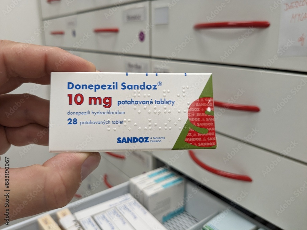 Prague, Czech Republic - July 10 2024: DONEPEZIL SANDOZ box of ...