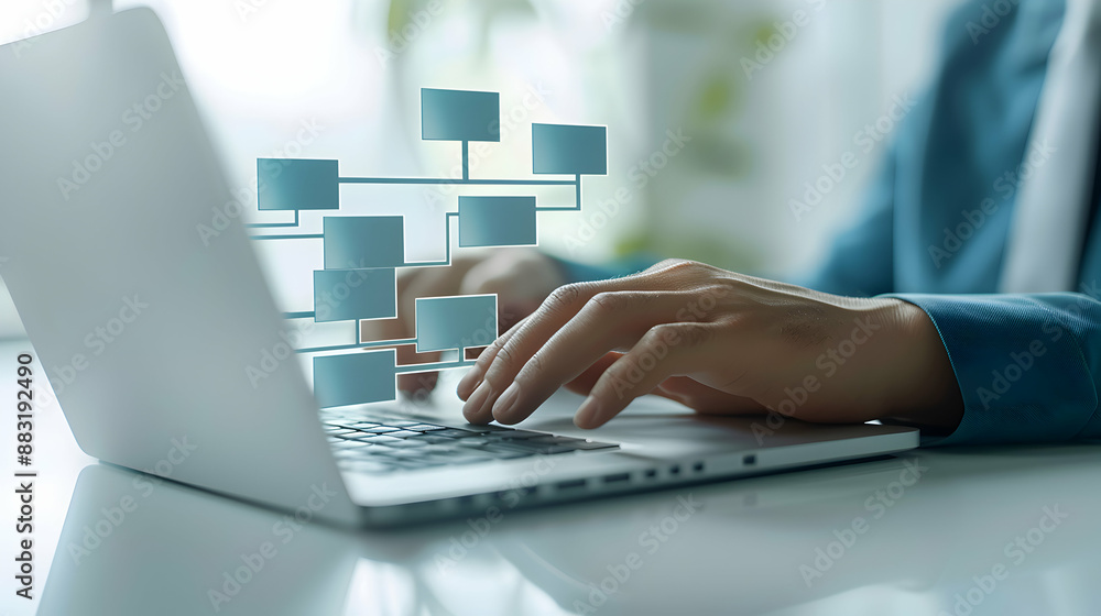 Manager Using Laptop with Organizational Chart in 3D Flat Icon Concept ...