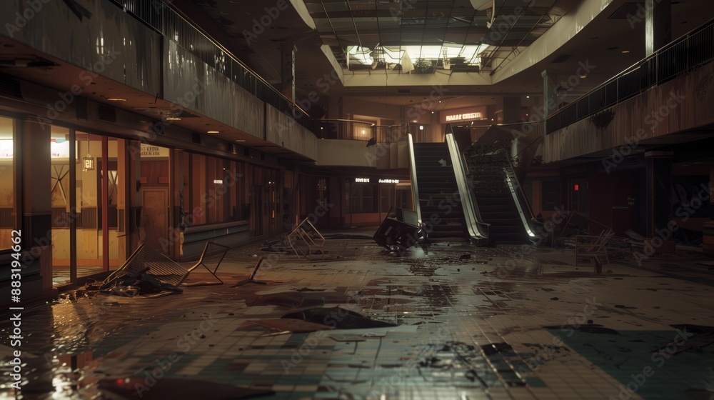 Design a scene of a creepy, deserted shopping mall at night, with ...