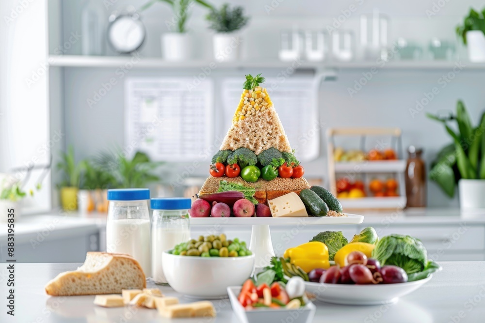 A nutritionist’s office with a food pyramid chart and a table of fresh ...