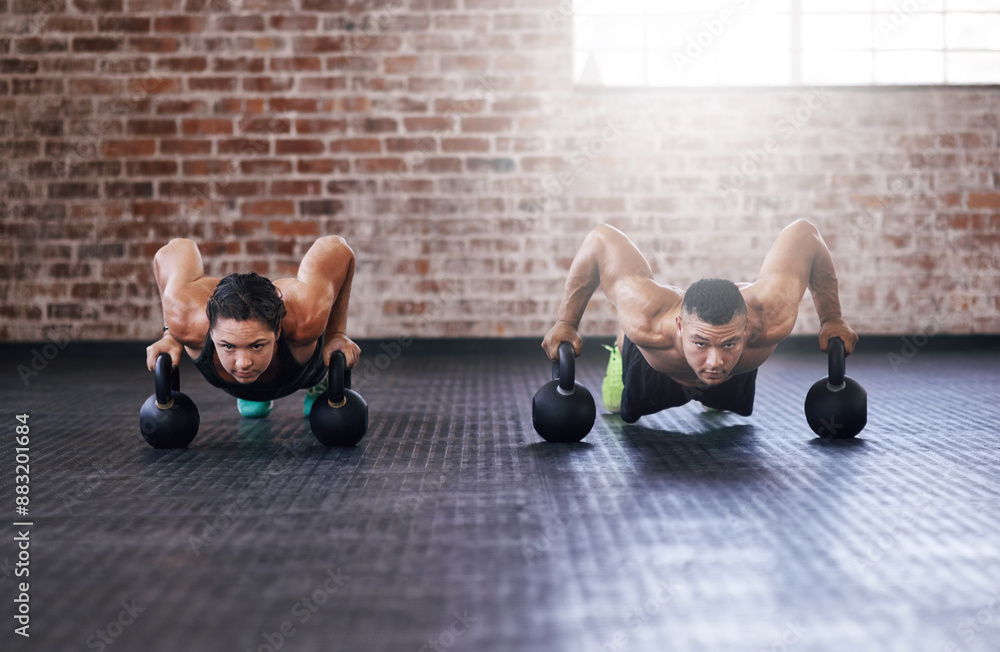 Fitness, kettlebell and couple push up in gym with workout equipment ...