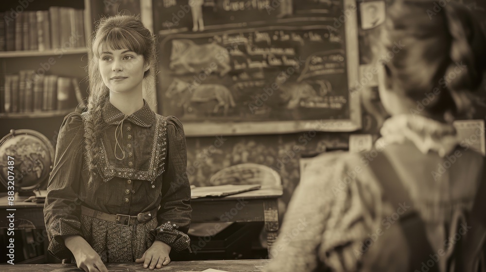 Teacher conducting a didactic lesson on history with visual aids and ...