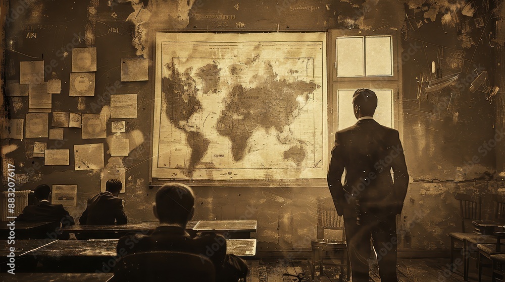 Teacher conducting a didactic lesson on history with visual aids and ...