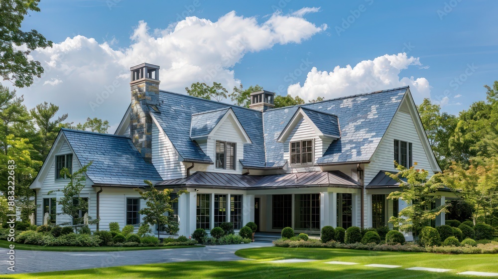 Suburban Colonial home with a blue slate roof that reflects the sky on ...