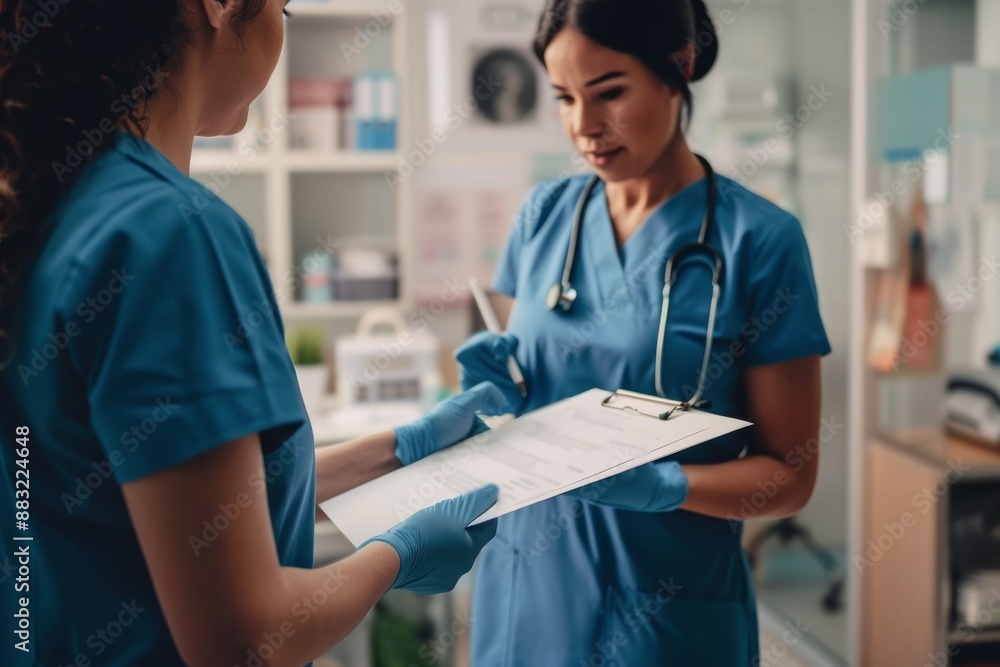 Female nurse taking notes from a patient in the medical chart Female ...