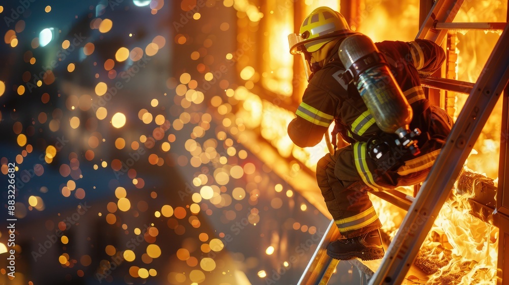 Brave firefighter climbing a ladder towards a burning window, with ...